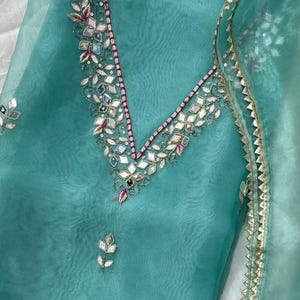 Indian Handmade Firozi Color Organza Zardozi Hand Work Salwar Kameez ...