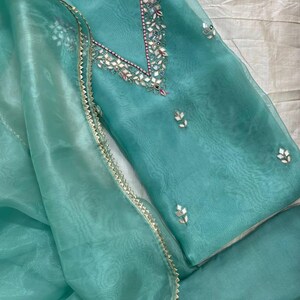 Indian Handmade Firozi Color Organza Zardozi Hand Work Salwar Kameez ...