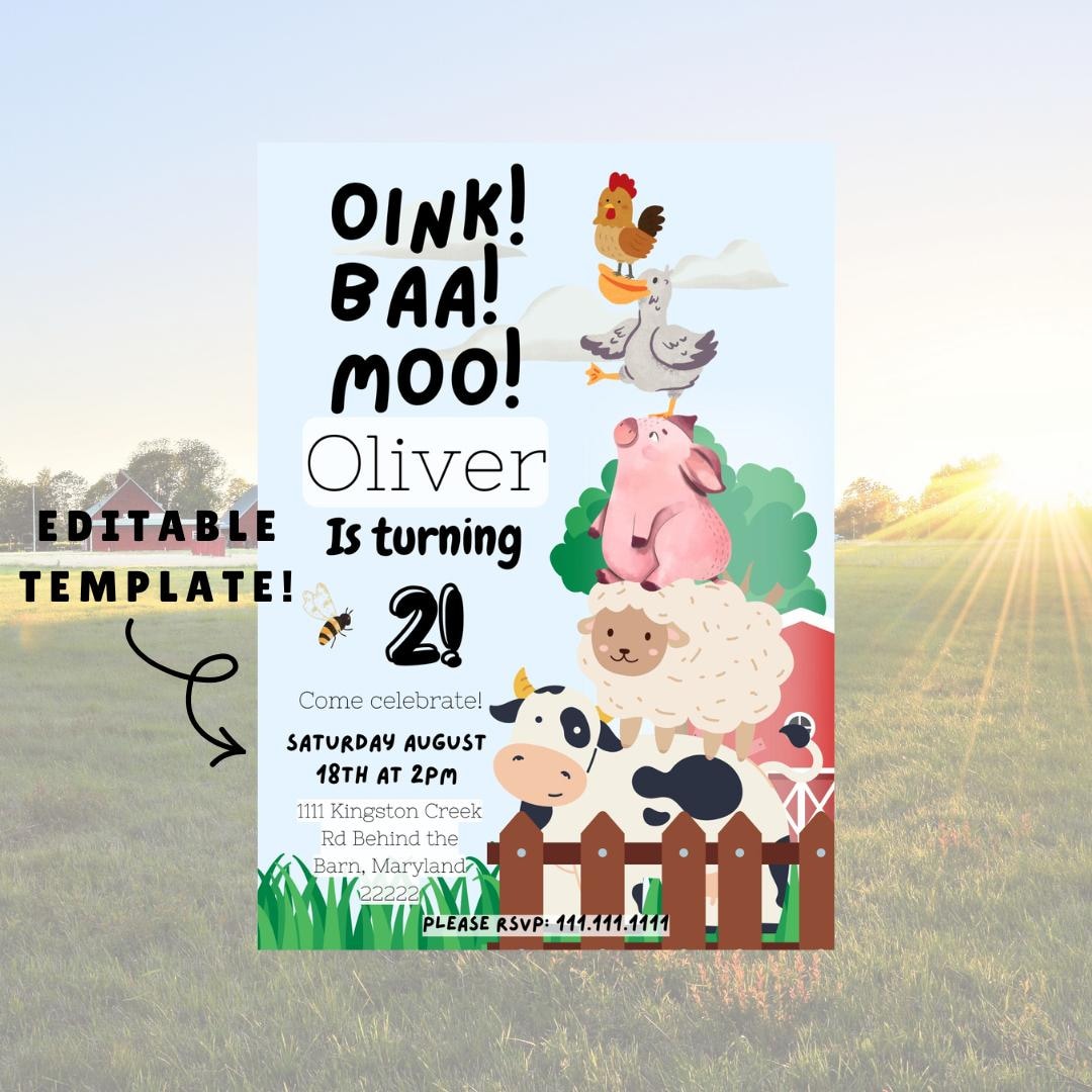 Oink! Baa! Moo! Turning Two! Farm Animal Birthday Invitation Digital ...