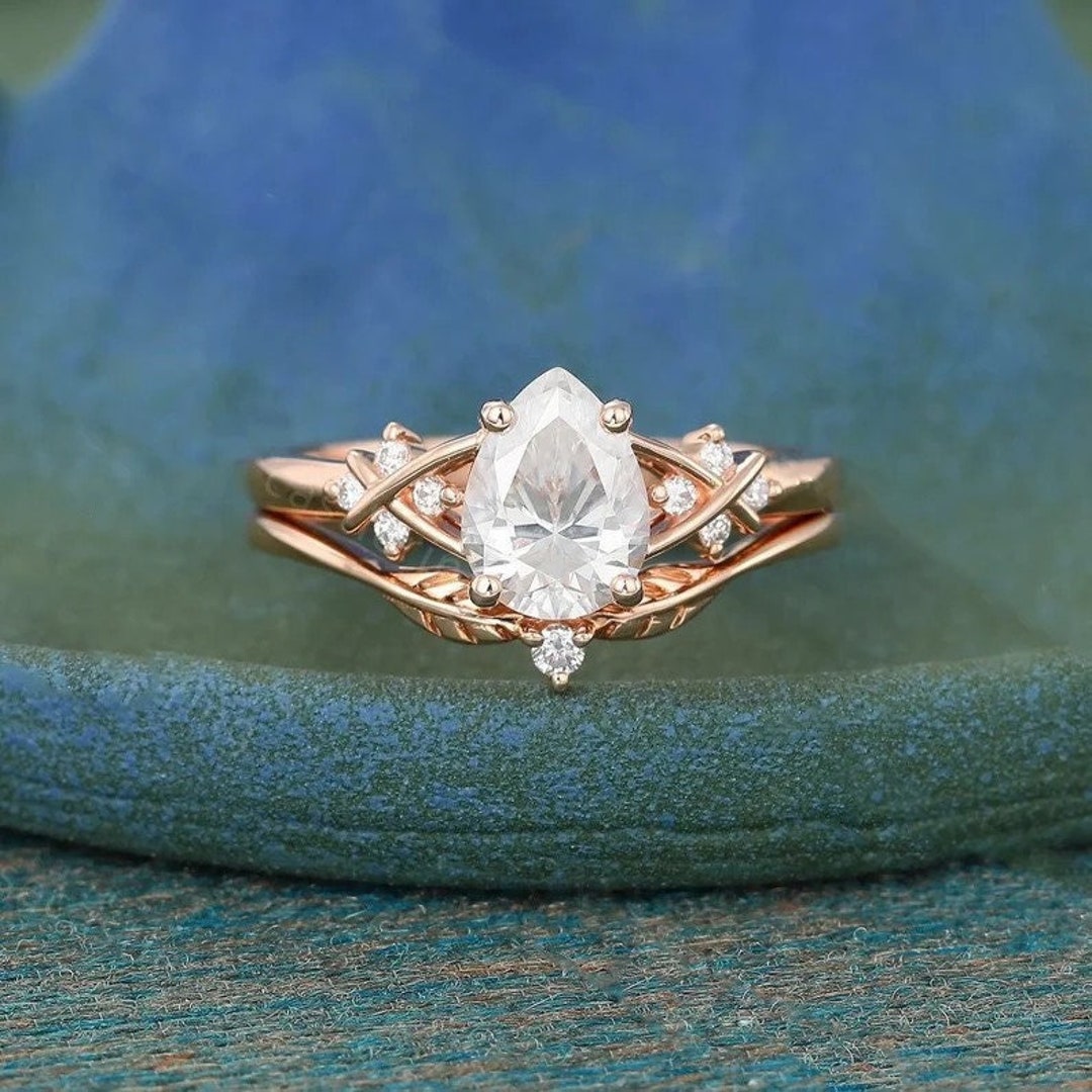 1.25ct Pear Moissanite Wedding Ring Leaf Vine Branch Bypass Bridal Ring ...