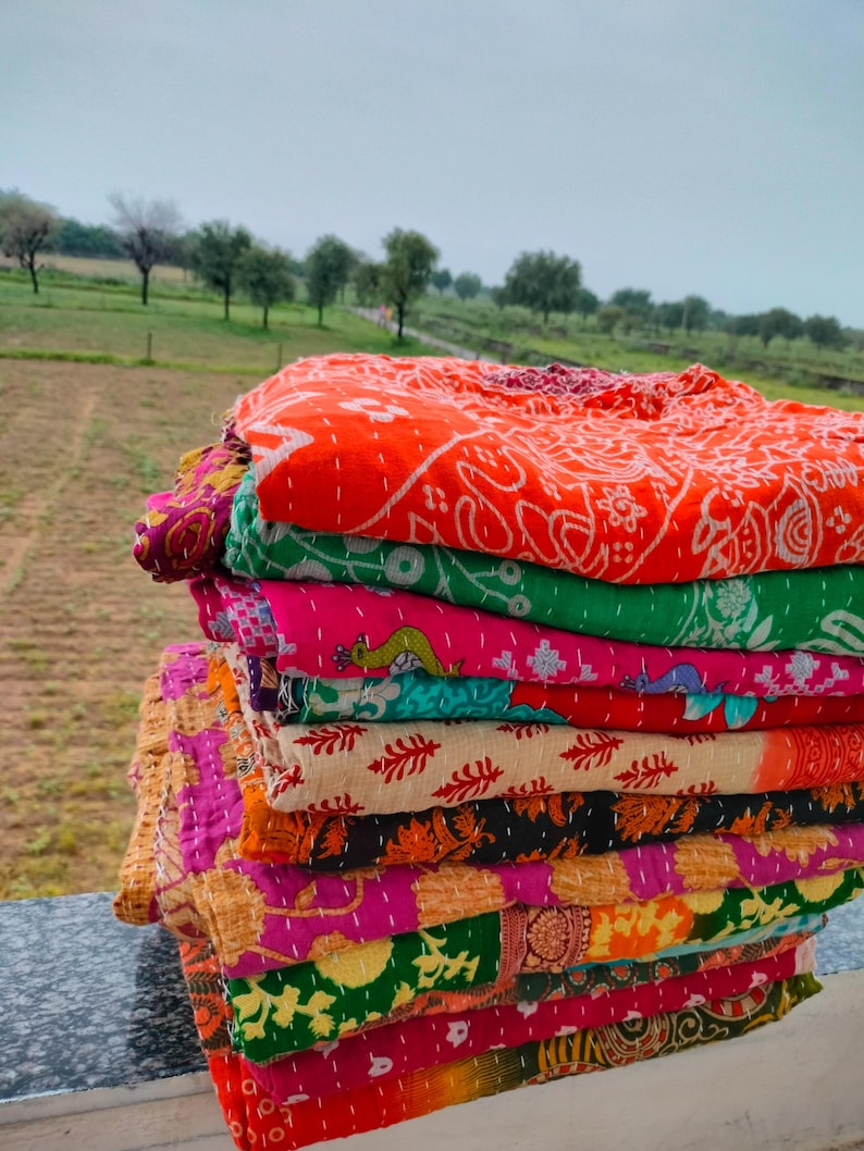 Vintage Indian Kantha Quilt: Hand-stitched Reversible Cotton Throw ...