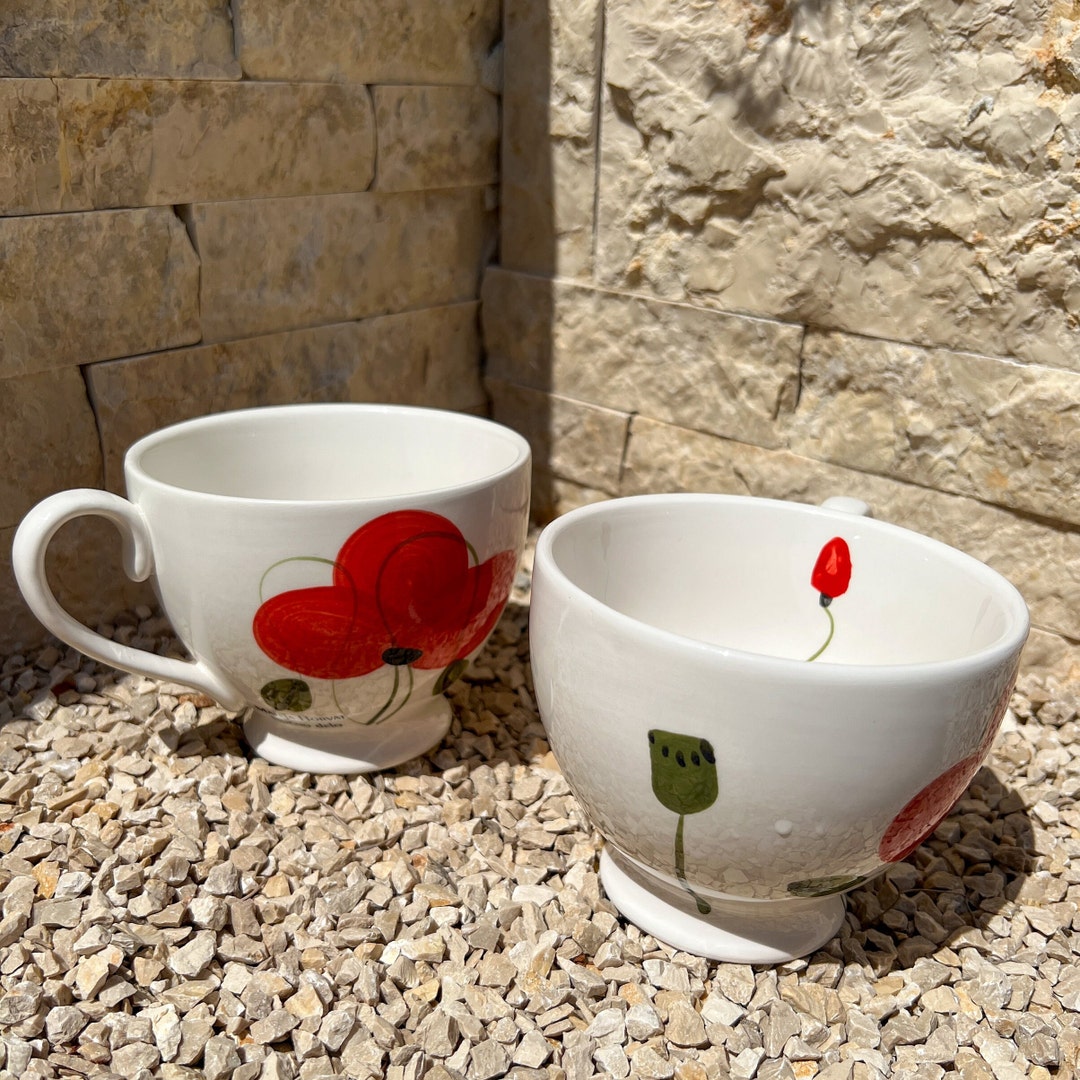 Chip Ceramic Cup With Red Poppy Flower / Cute Flower Cup / Beauty and ...