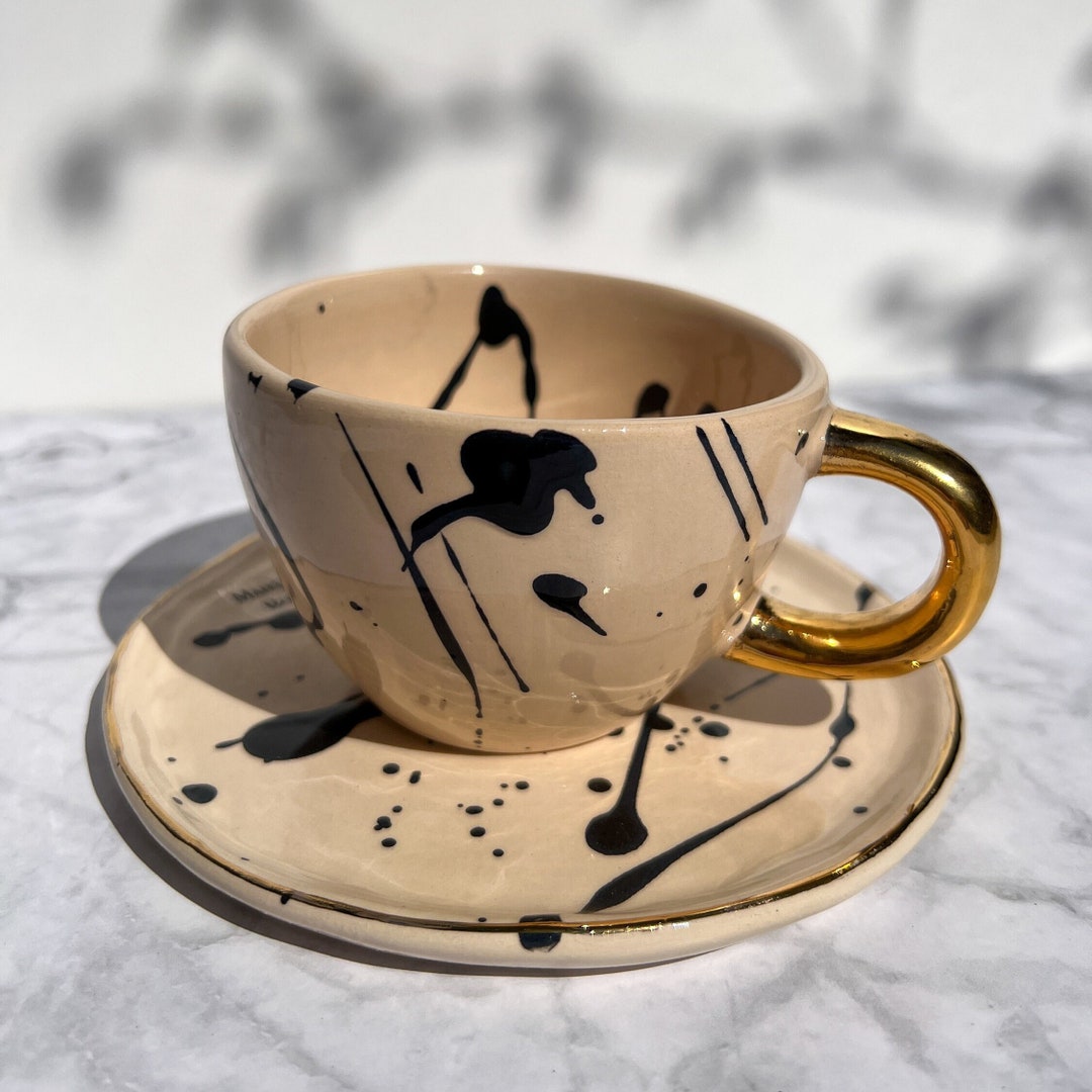 Real Gold & Black Splash Handmade Ceramic Cup With Saucer / 12k Gold ...