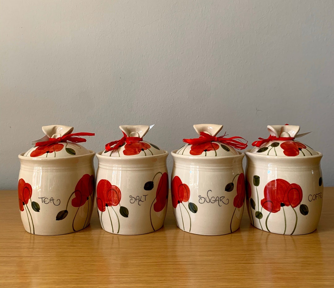 Red Poppy Kitchen Canister Set - Ceramic Jars for Coffee, Tea, Sugar ...