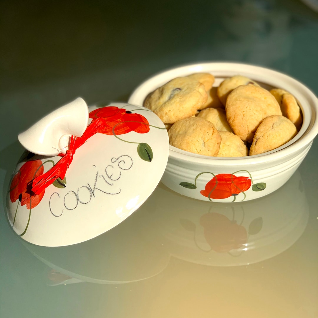 Ceramic Low Red Poppy Flower Cookie Jar / Red Biscuit Barrel/ Kitchen ...