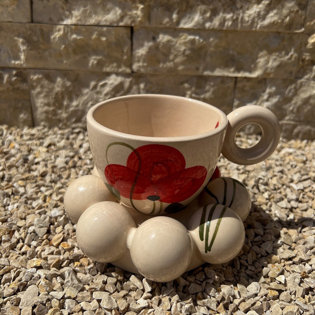 Modern Aesthetic Red Poppy Flower Ceramic Cup and Saucer / Cloud Coffee ...