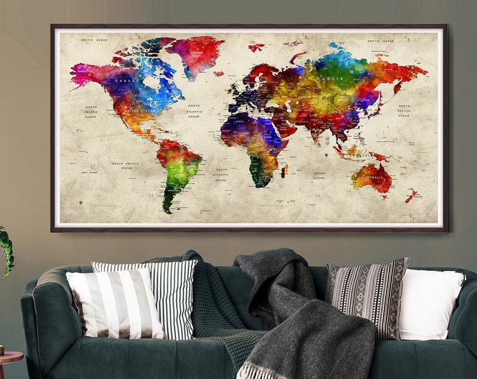 Push Pin Travel Map of World, Watercolor Map Poster, Vintage Push Pin ...