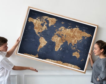 Blue World Map Poster - Etsy