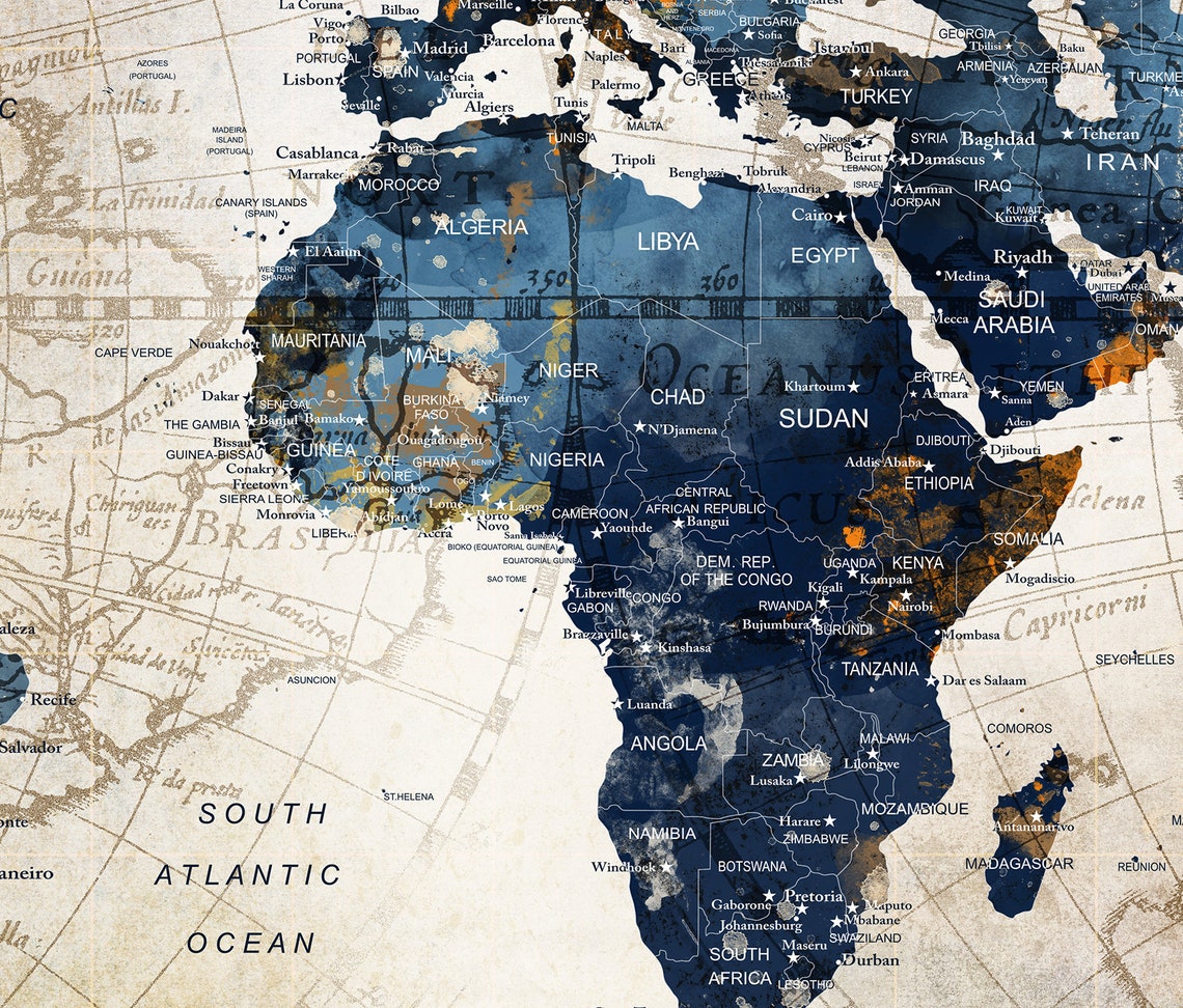 World Map Wall Art Navy Blue Wall Art Abstract Art Print - Etsy