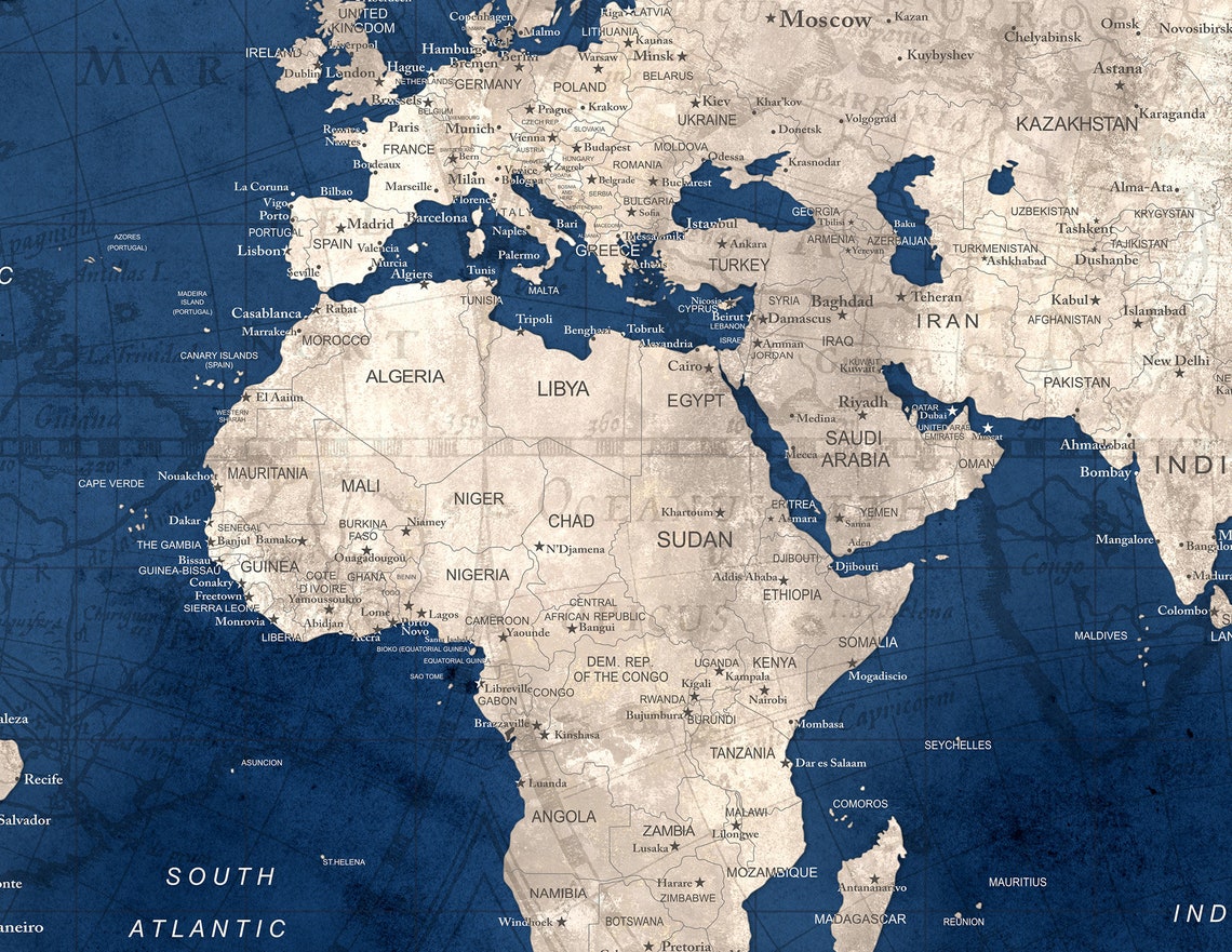 Large Navy Blue World Map Art Poster Abstract Blue Push Pin - Etsy