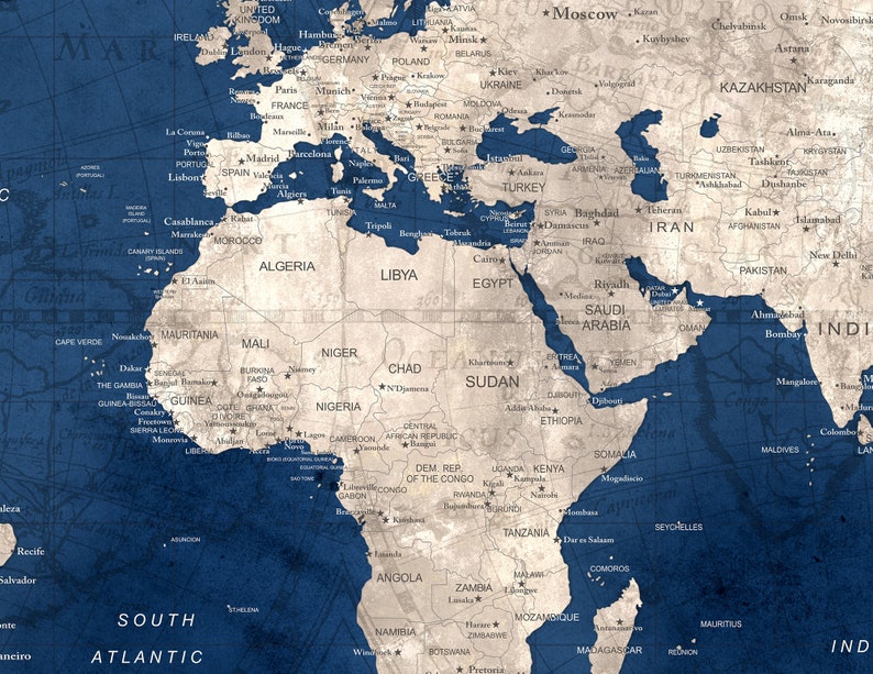 Large Navy Blue World Map Art Poster Abstract Blue Push Pin - Etsy