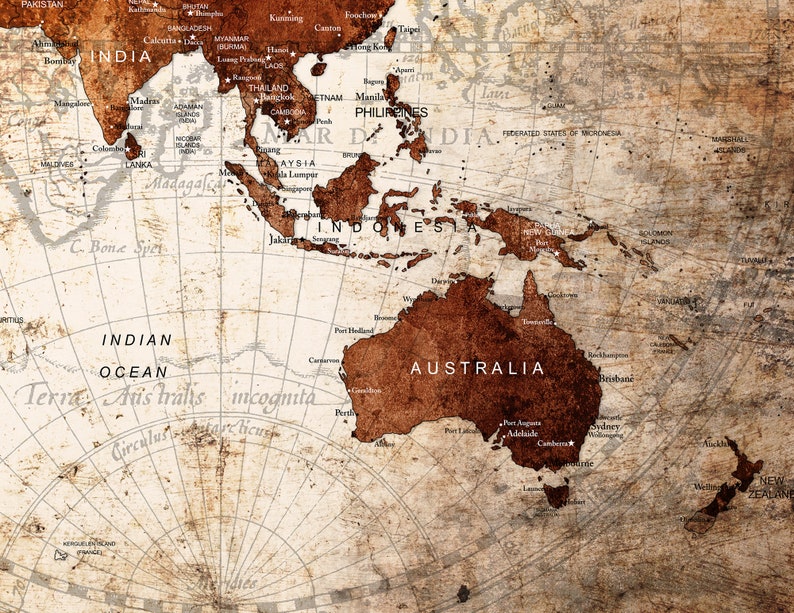 Beautiful World Map Poster Vintage Style Sepia and Brown Push Pin World ...