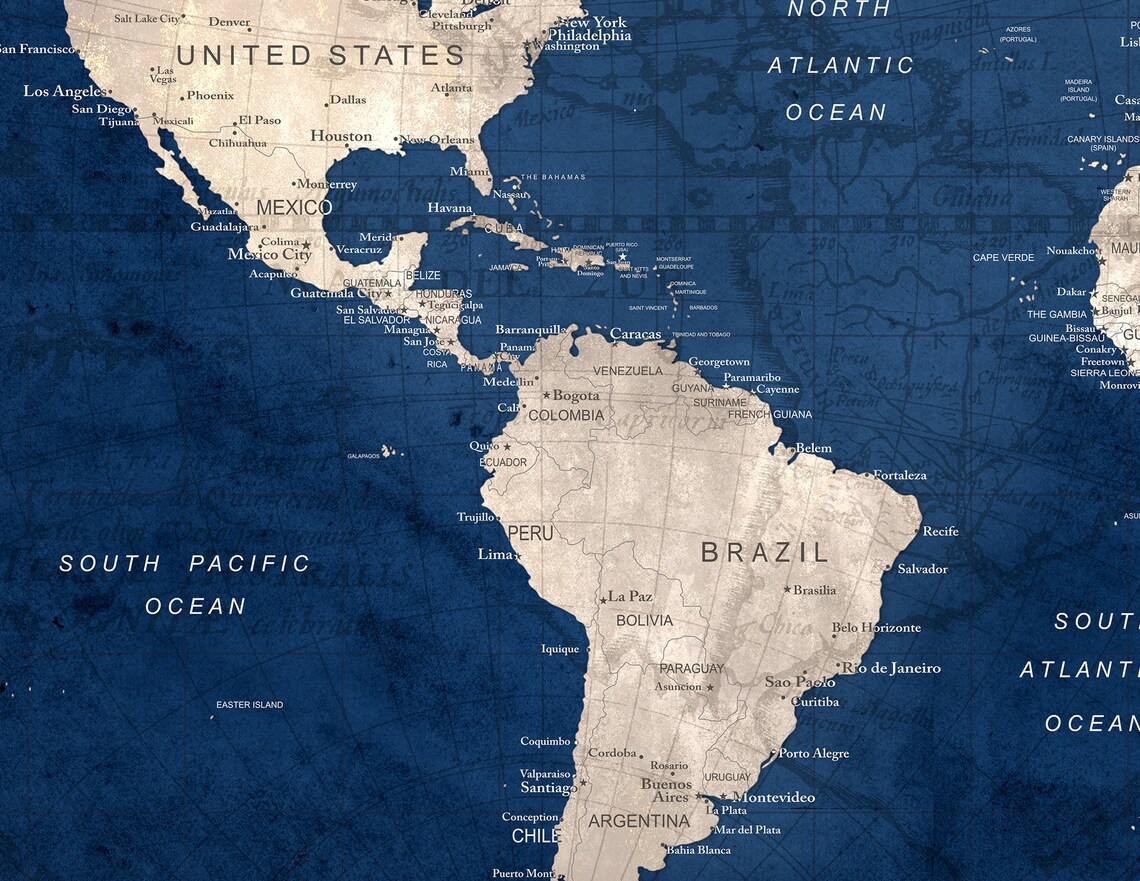 Large Navy Blue World Map Art Poster Abstract Blue Push Pin - Etsy