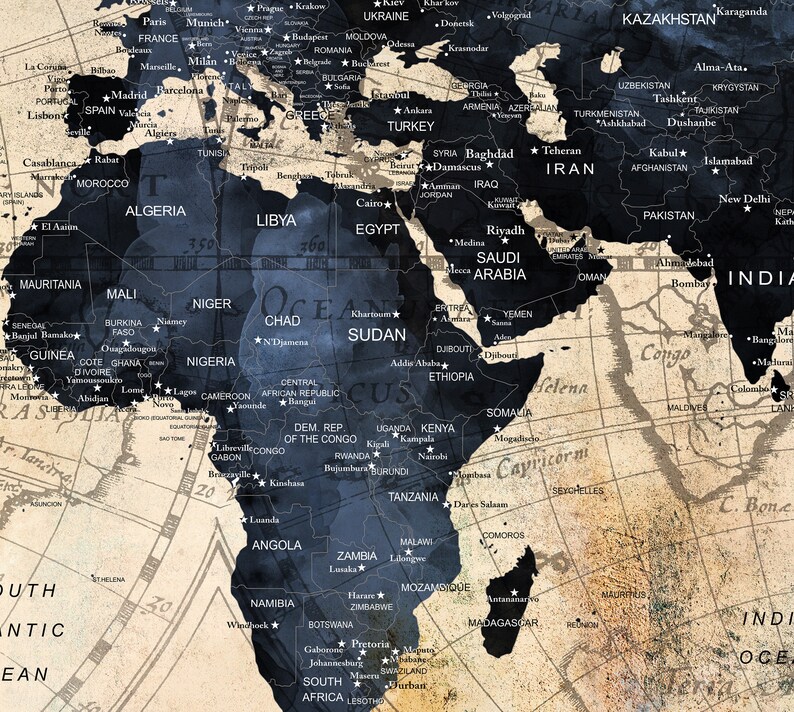 Grande mappa del mondo Push Pin Executive Style / Blu scuro, Pin nero ...