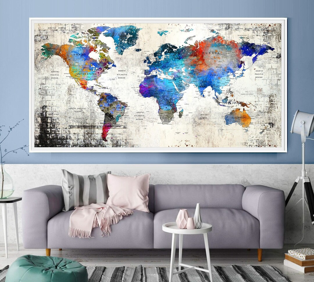 Map of the World Travel Map World Map Print Gift Push Pin Wall World ...
