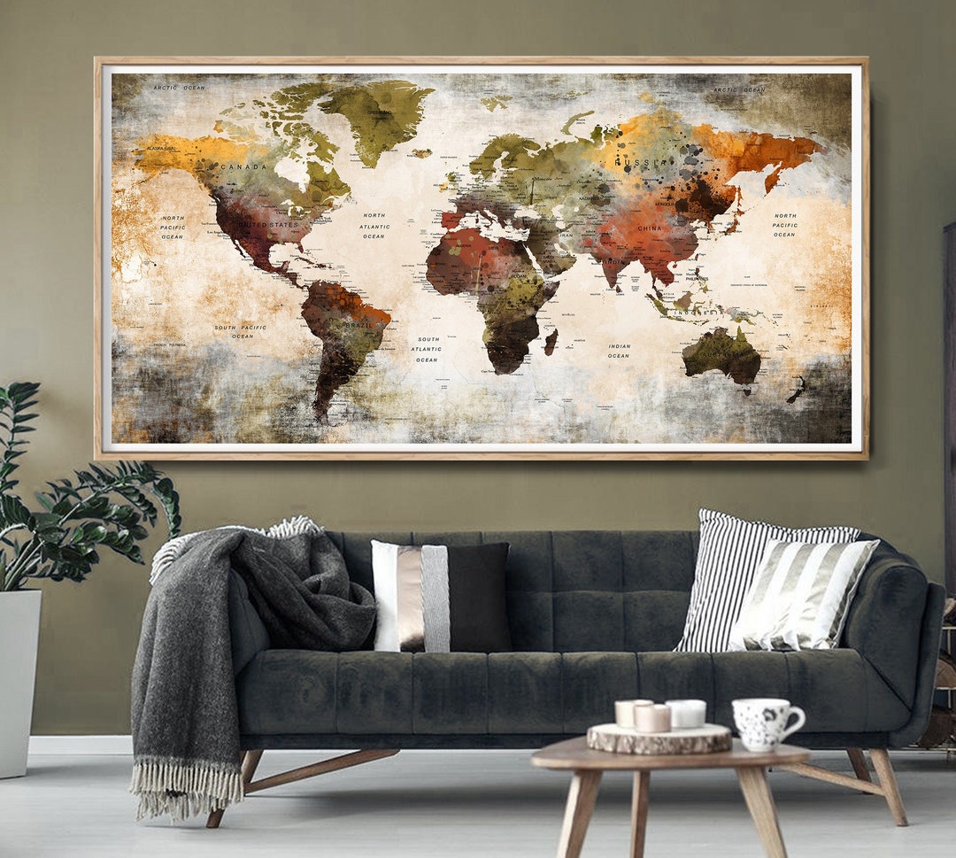 Large World Map Poster Print, World Map Wall Art, Push Pin World Map ...