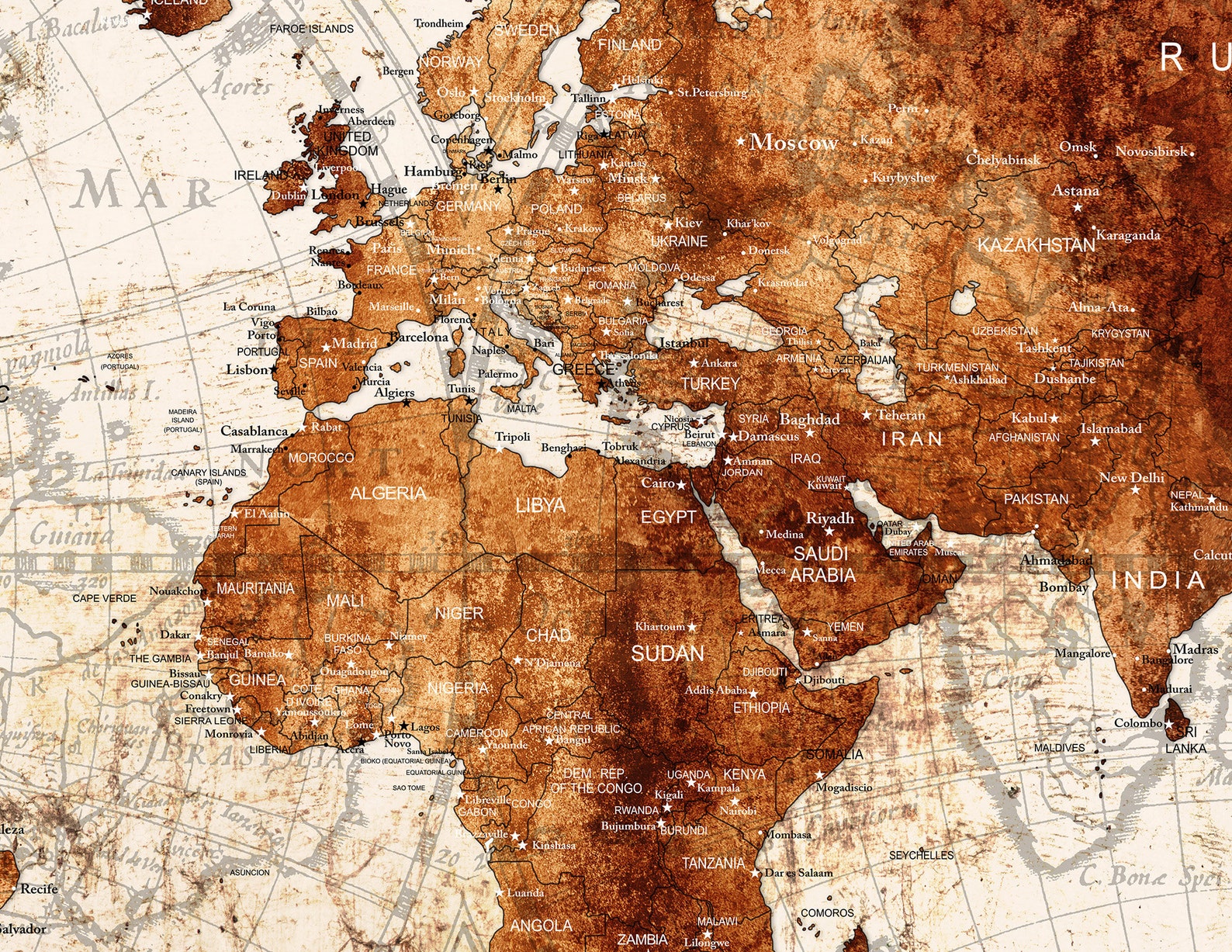 Beautiful World Map Poster Vintage Style Sepia and Brown Push Pin World ...