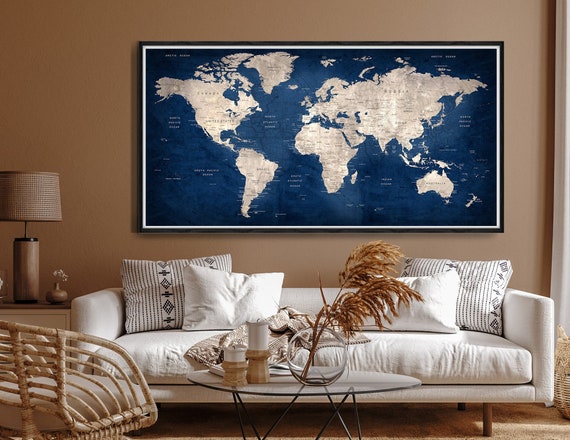 Large Navy Blue World Map Art Poster Abstract Blue Push Pin - Etsy