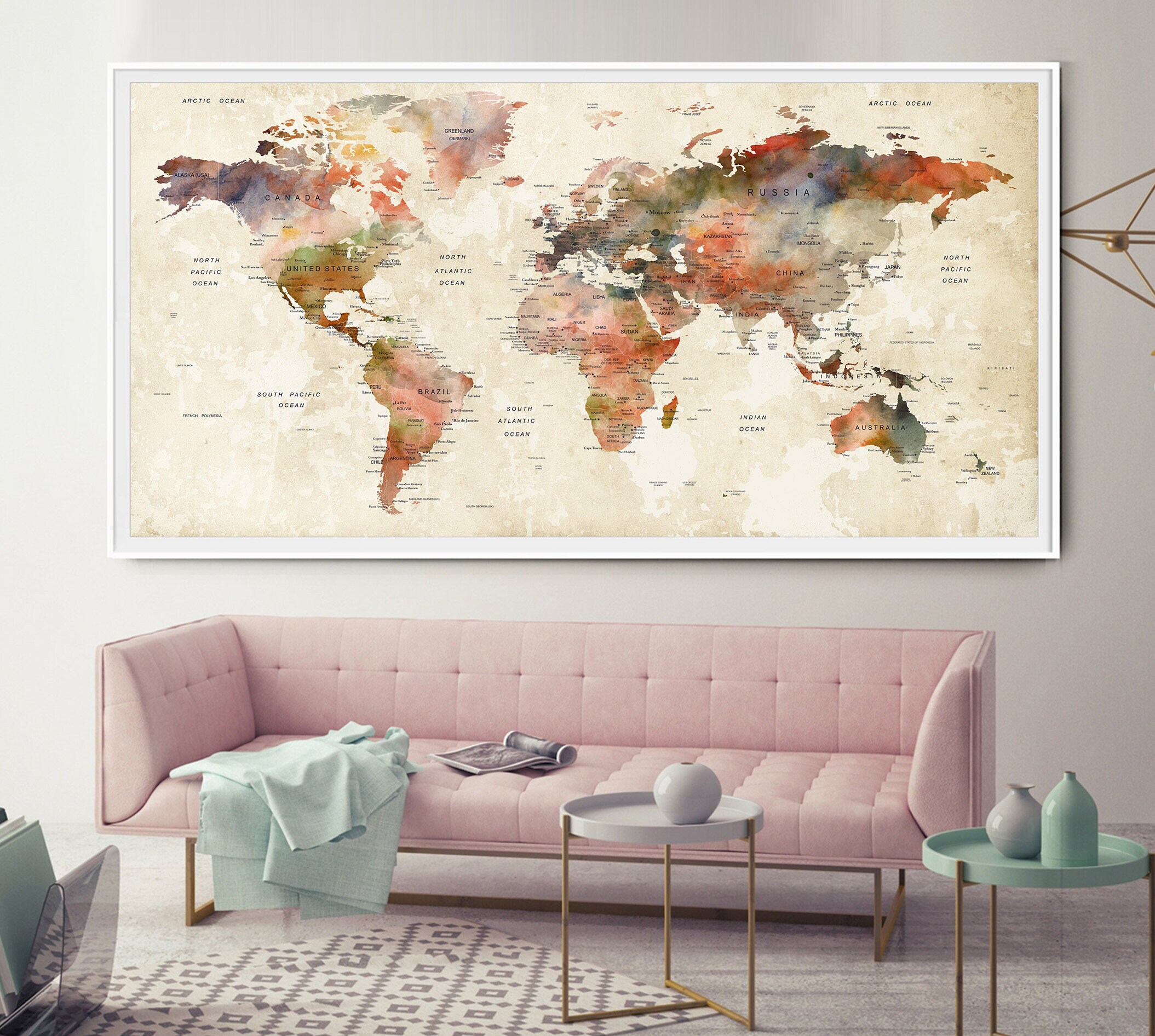 World Map Large Poster Wall Hanging, Push Pin Living Room Map of the ...