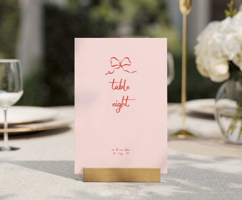 Pink and Red Coquette Bow, Table Numbers Names Card, Wedding Stationery ...