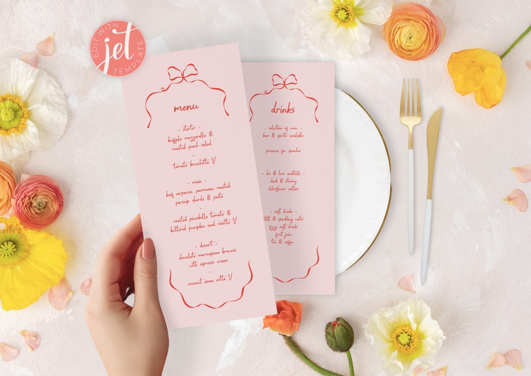 Pink and Red Coquette Bow, Menu Drinks Double-sided Card, Wedding ...