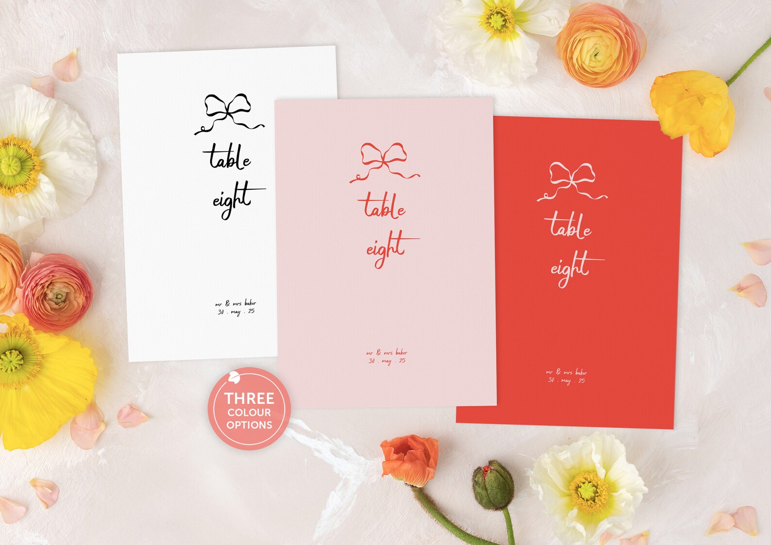 Pink and Red Coquette Bow, Table Numbers Names Card, Wedding Stationery ...