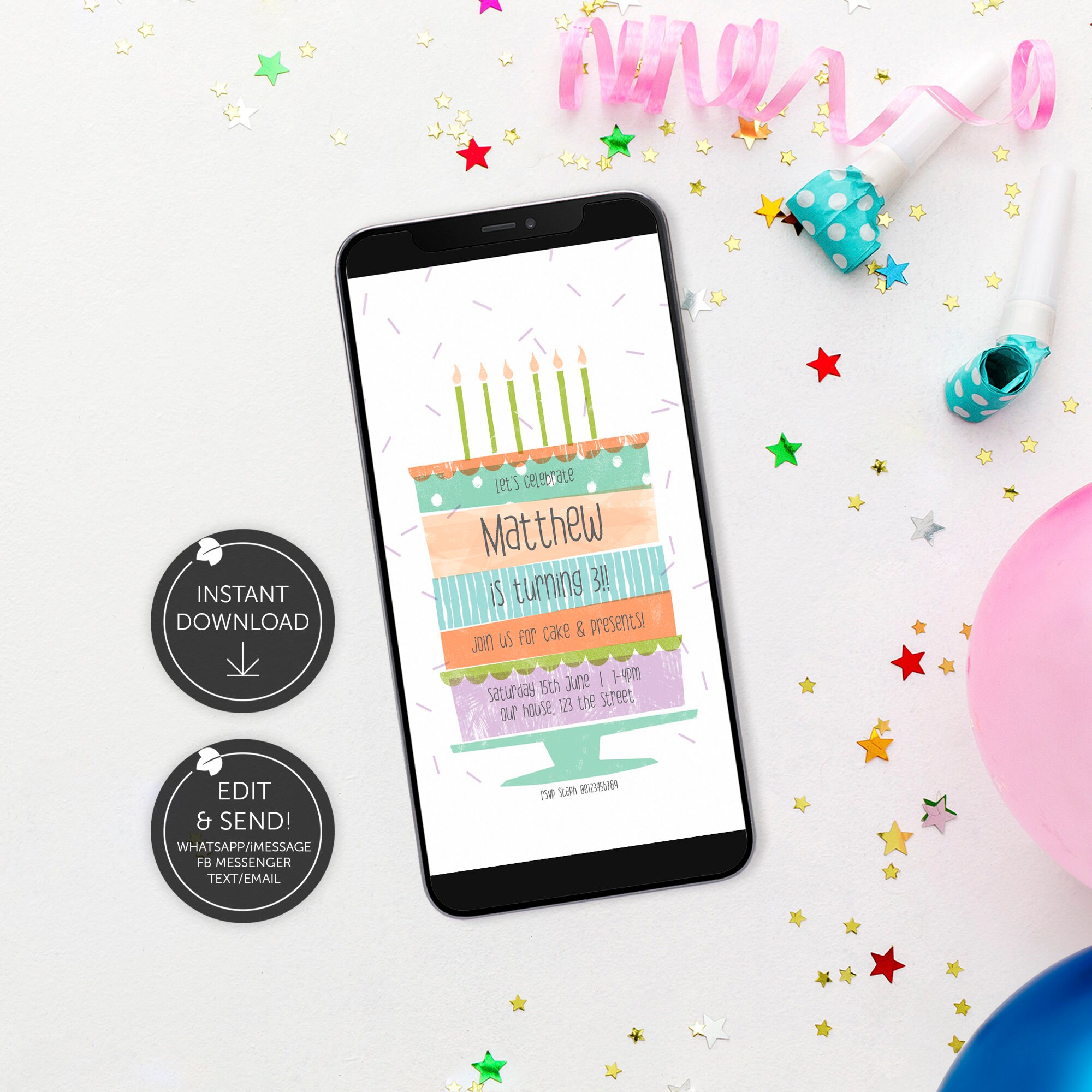 Digital Phone Invitation for Kids Birthday | Big Cake Party Invite ...
