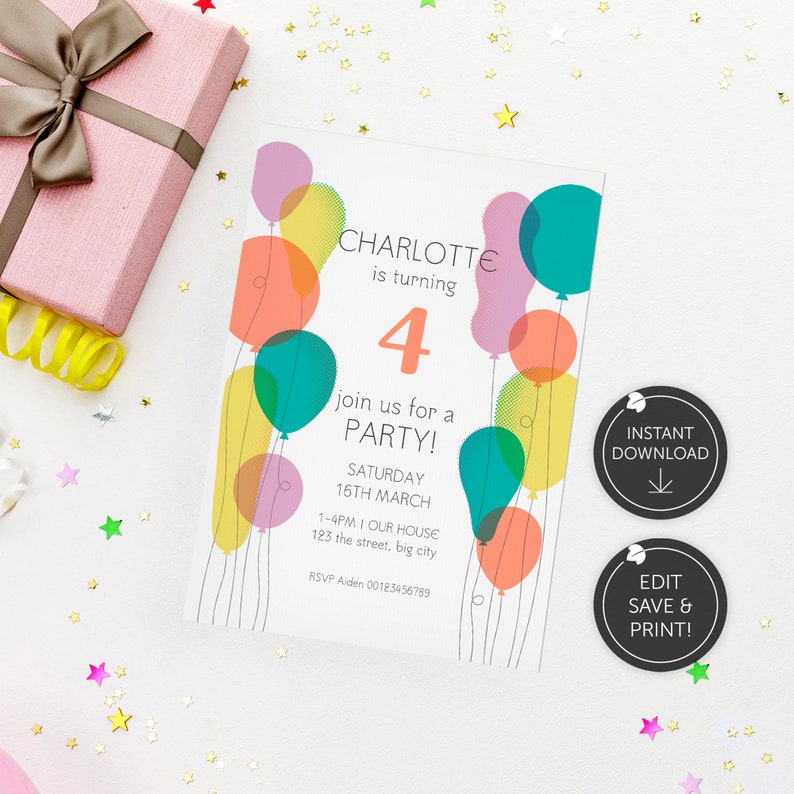 Printable Digital Invitation | Kids Birthday | Balloon Party Invite ...