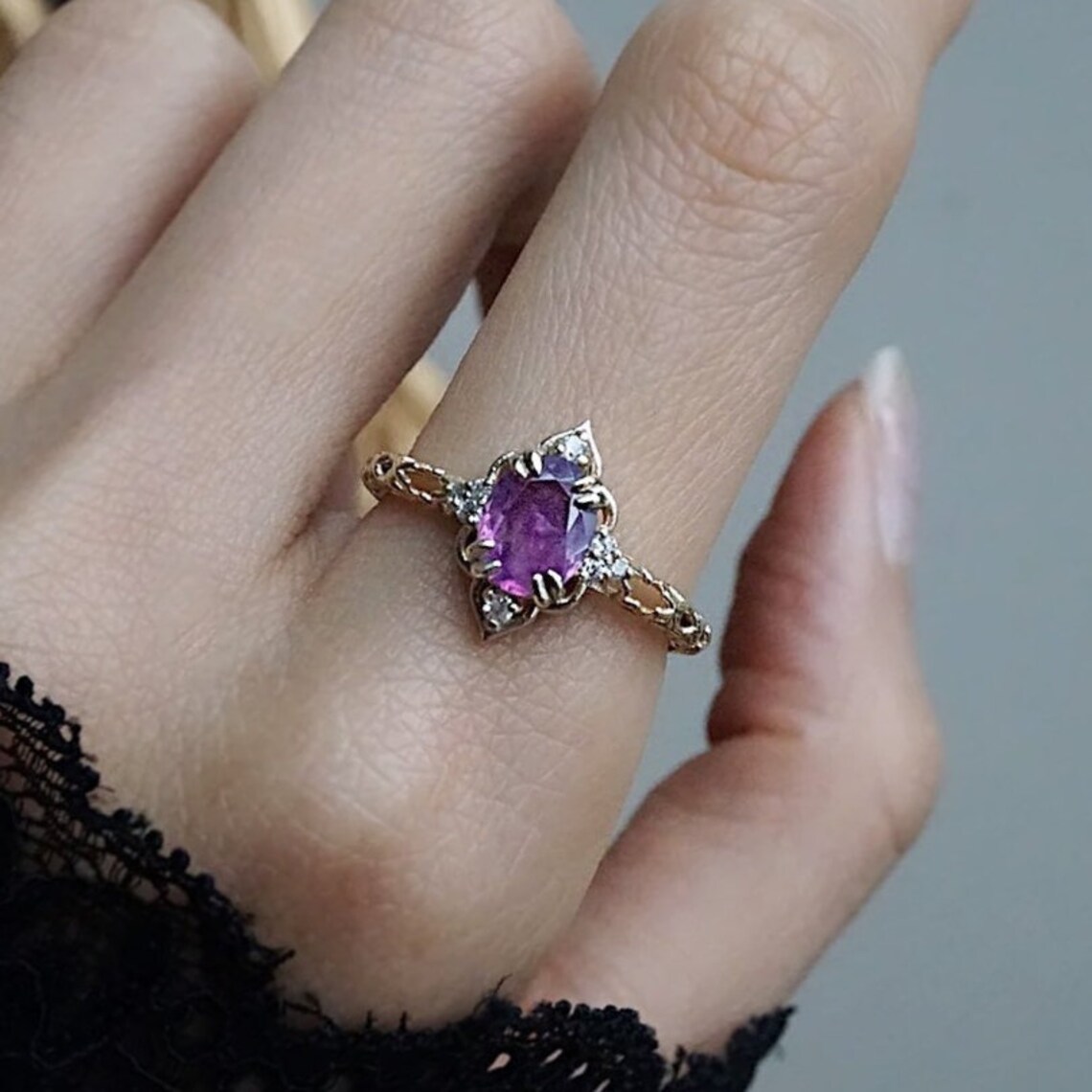 Purple Spinel Engagement Ring: Oval Stone, American Diamond Accents - Etsy