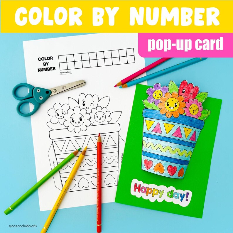 Printable Color by Number Flower Craft DIY Pop up Card Spring Activity ...
