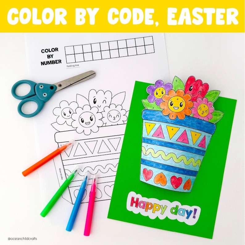 Printable Color by Number Flower Craft DIY Pop up Card Spring Activity ...