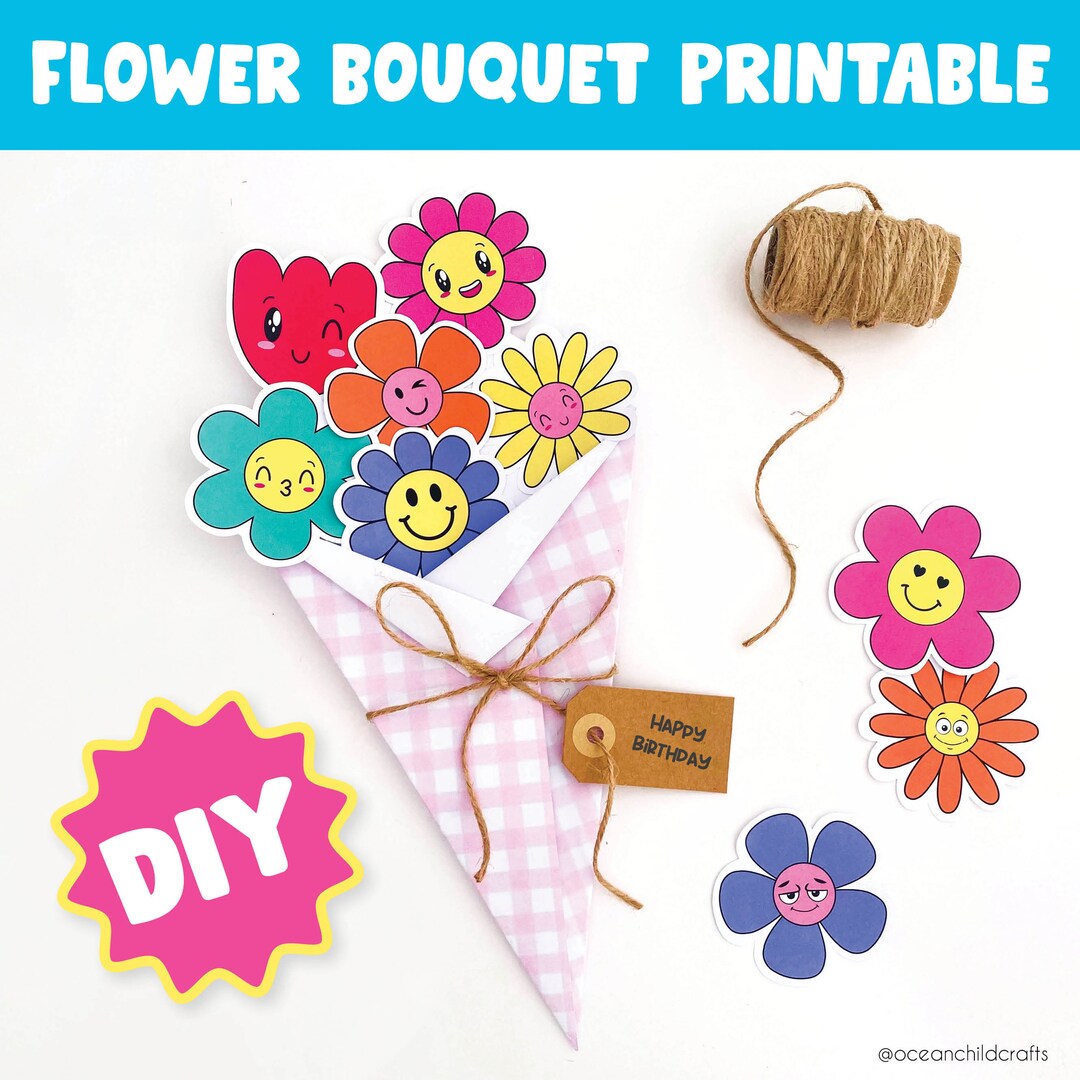 Printable Coloring Flower Bouquet DIY Gift Flowers Craft Kids Template ...