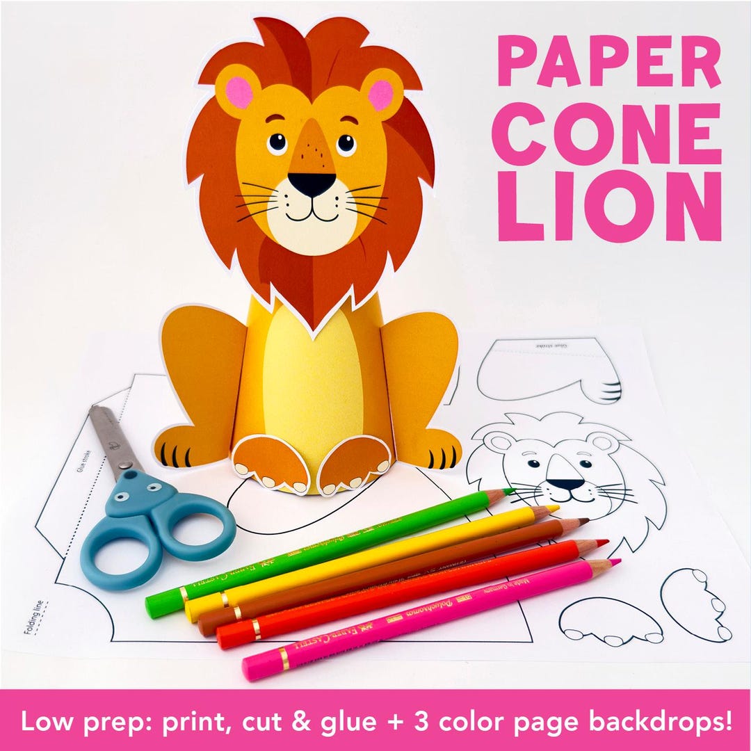 Lion Craft Printable for Kids, Paper Cone Zoo Animal Craft, 3D Lion Cut ...