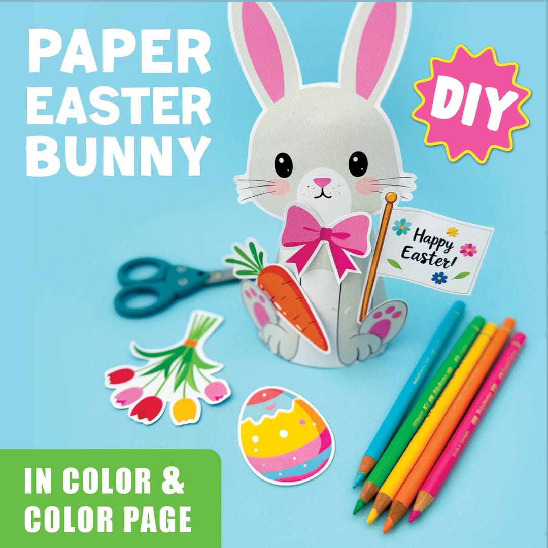 Paper Easter Bunny Craft Printable in Color and Coloring Page – DIY ...