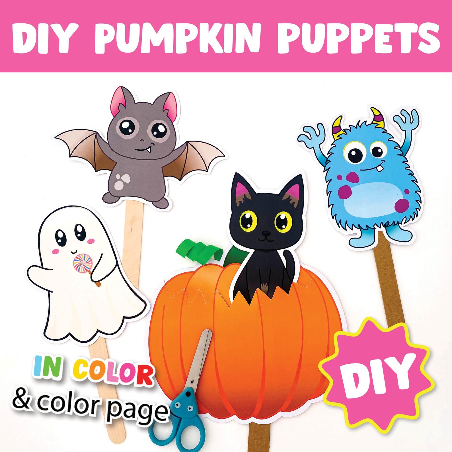 Fall Halloween Printable Craft for Kids, DIY Halloween Puppet Template ...
