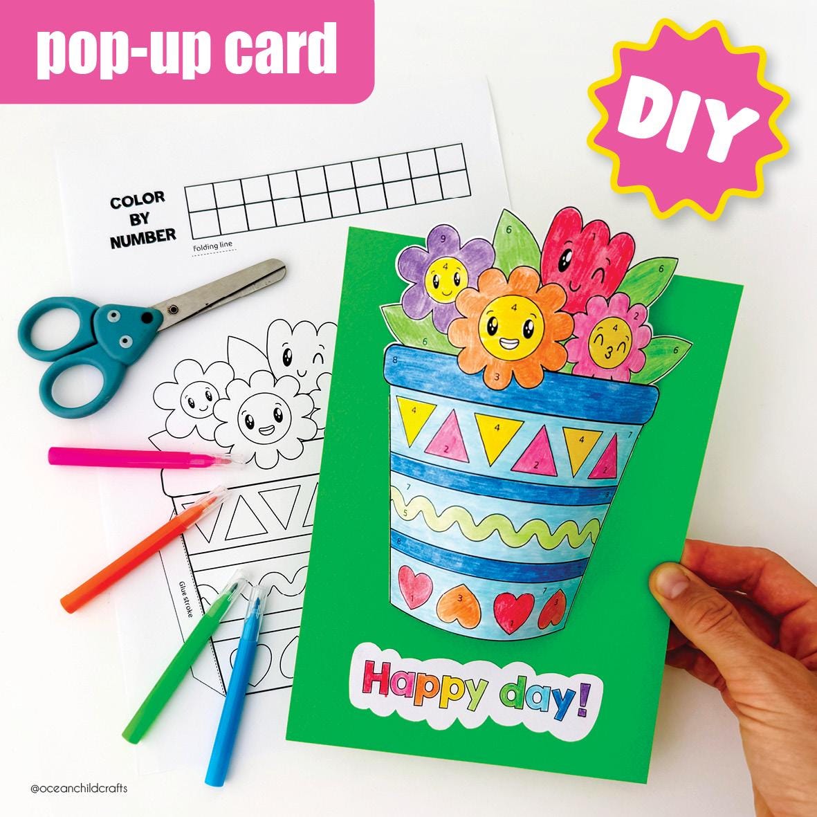 Printable Color by Number Flower Craft DIY Pop up Card Spring Activity ...