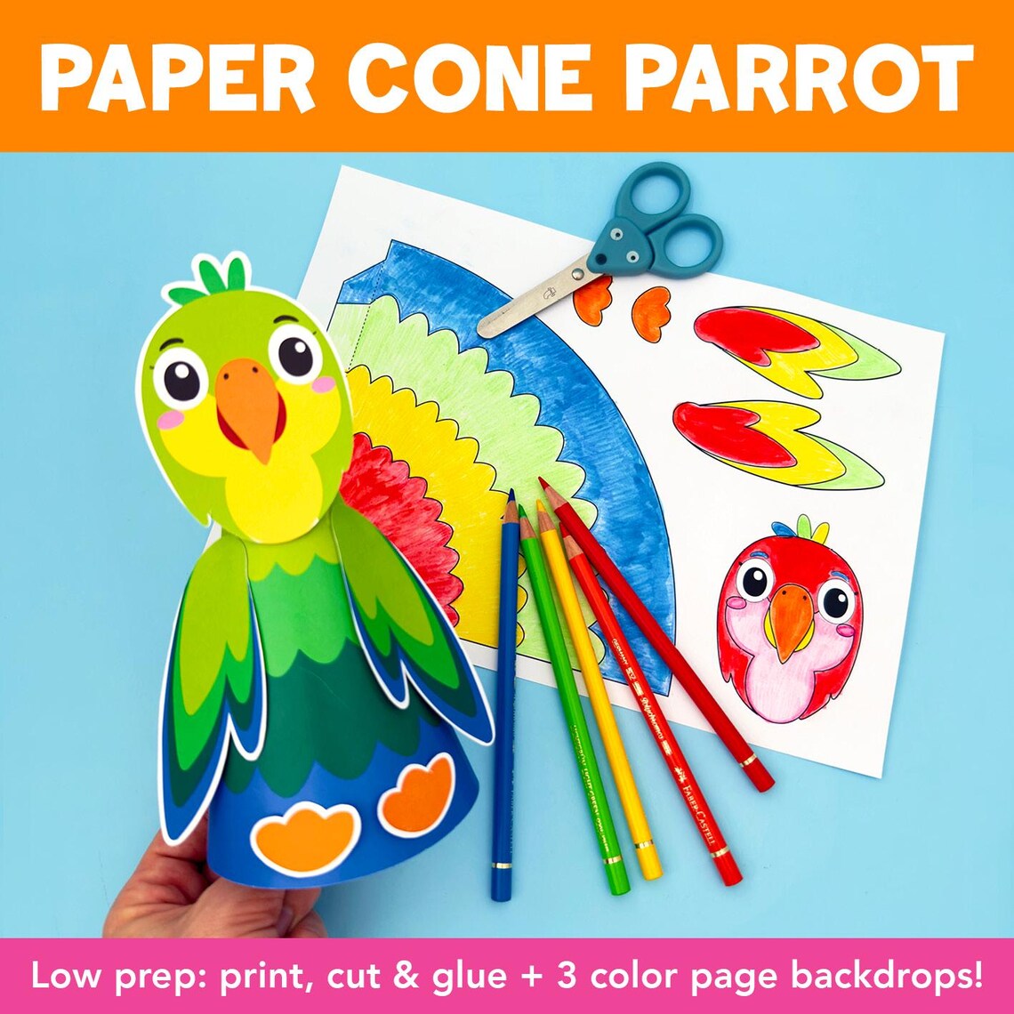 Low Prep Paper Cone Parrot | Printable 3D Bird Craft for Kids | Cut and ...