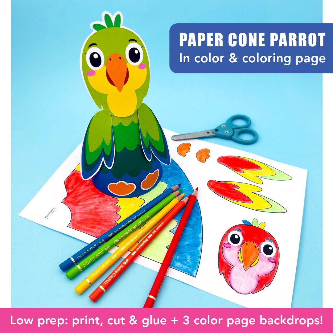 Low Prep Paper Cone Parrot | Printable 3D Bird Craft for Kids | Cut and ...
