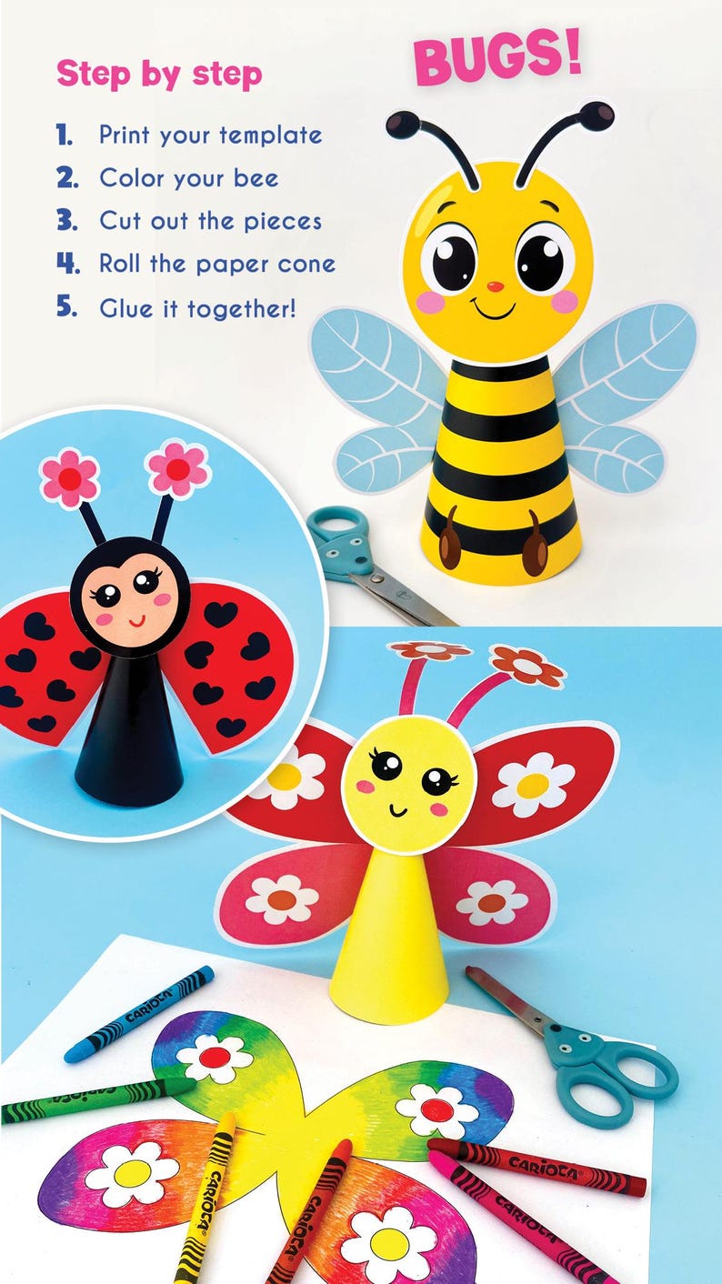 Paper Cone Insect Crafts for Kids | Bee, Butterfly & Ladybug Activities ...