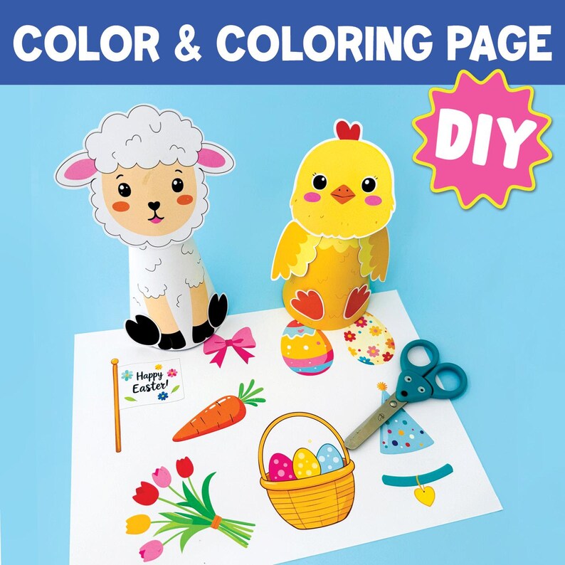 Easter Puppets Craft for Kids – Coloring Bunny, Chick, Lamb & Hen ...