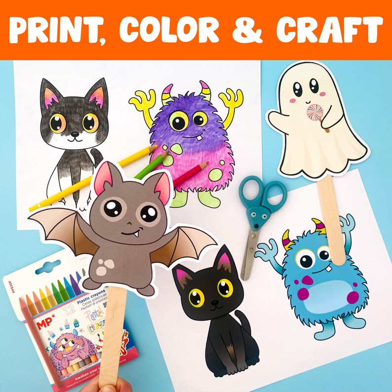 Fall Halloween Printable Craft for Kids, DIY Halloween Puppet Template ...