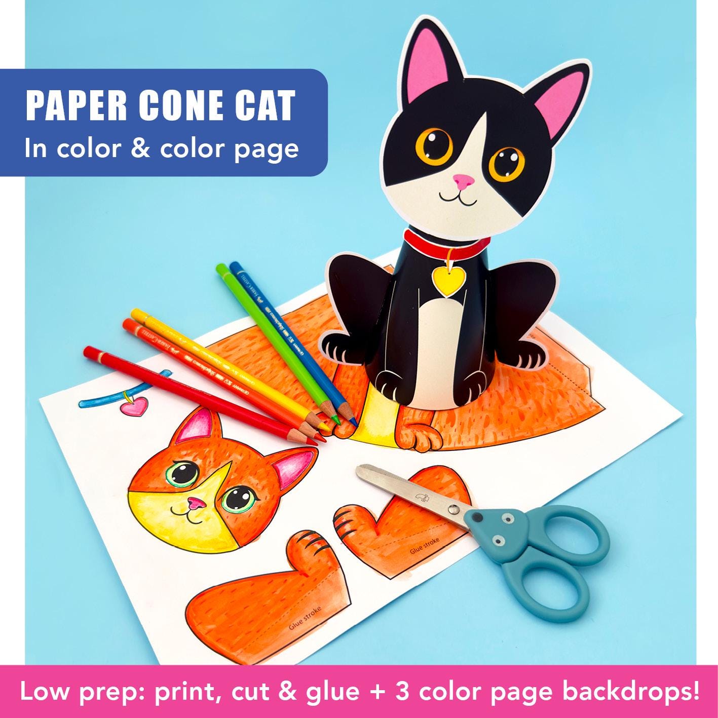 Paper Cone Cat | Printable 3D Cat Craft for Kids | Cut and Glue Animal ...