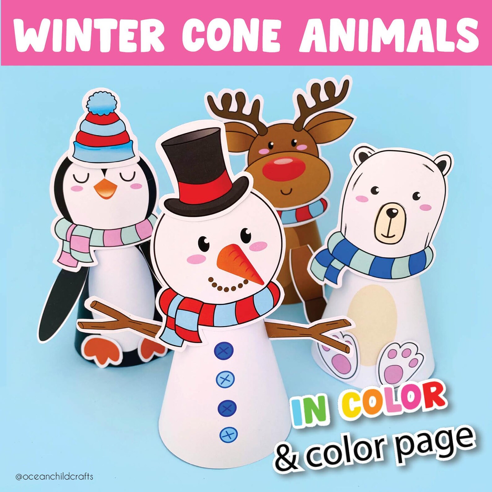 4 Paper Cone Animals Craft Printable Kids, Winter Activity Cut and Glue ...