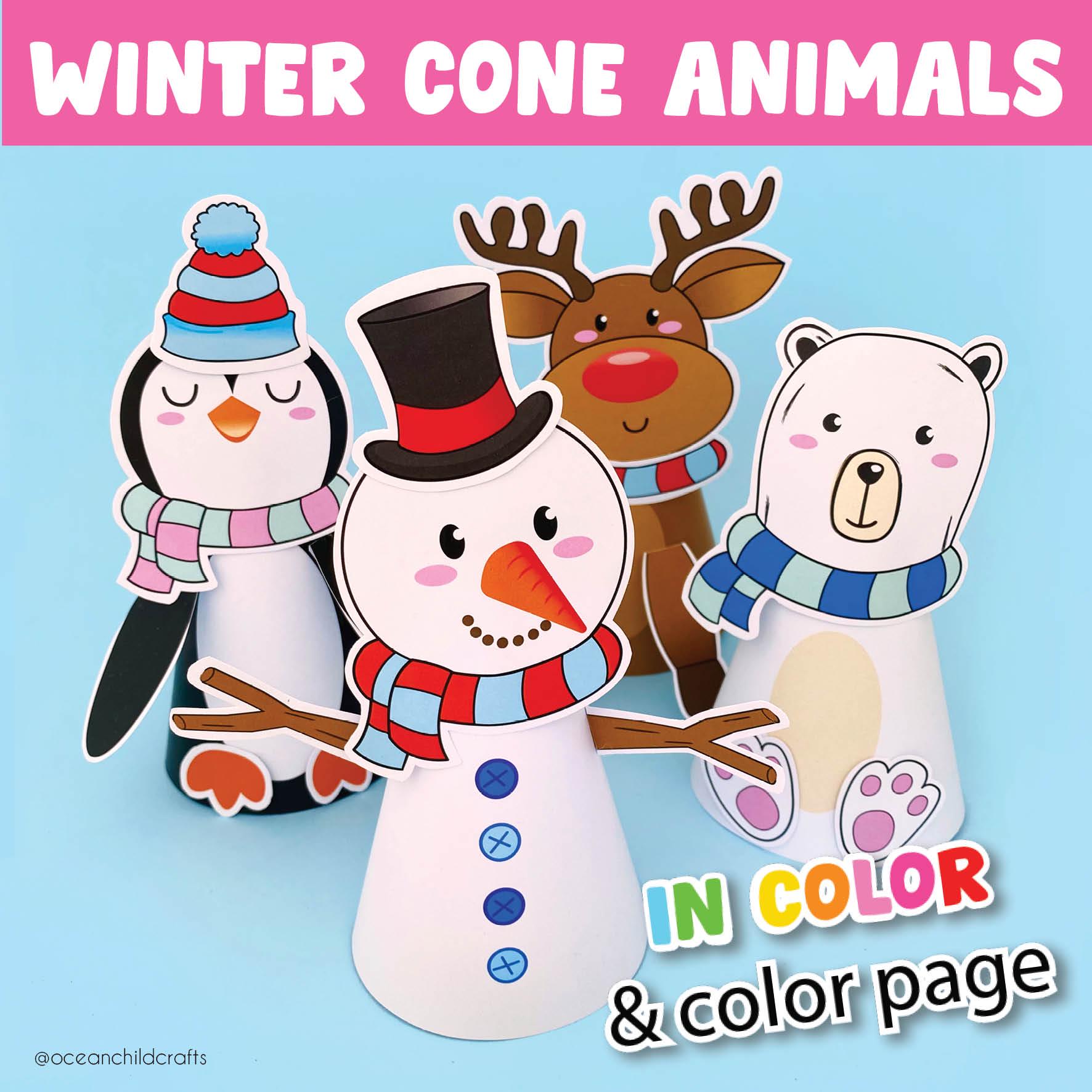 4 Paper Cone Animals Craft Printable Kids, Winter Activity Cut and Glue ...