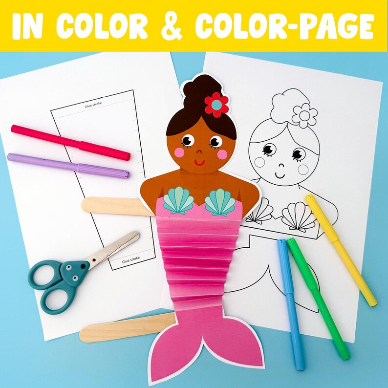 Fun DIY Mermaid Puppet Coloring Craft Printable Kids Summer Ocean ...