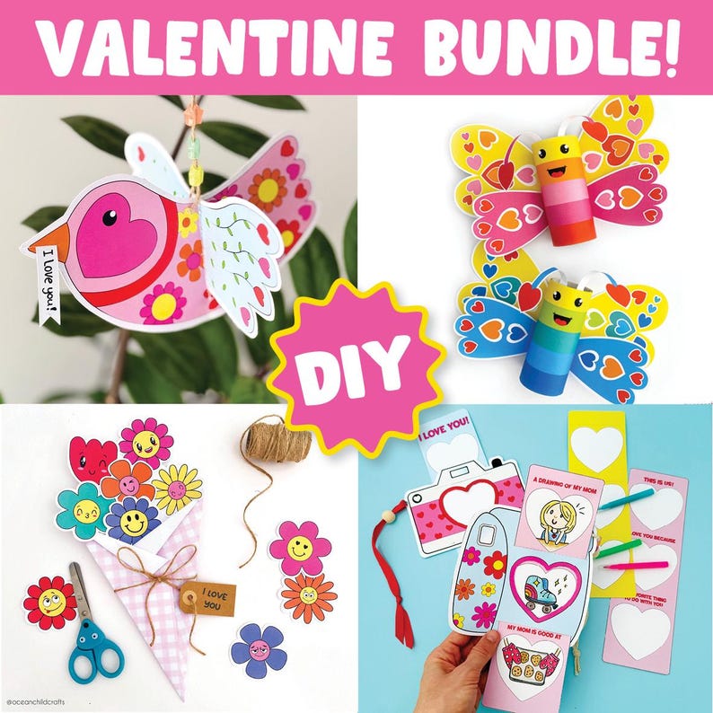 FUN Valentine's Day Printable Craft Bundle Kids FOUR Valentine Art ...