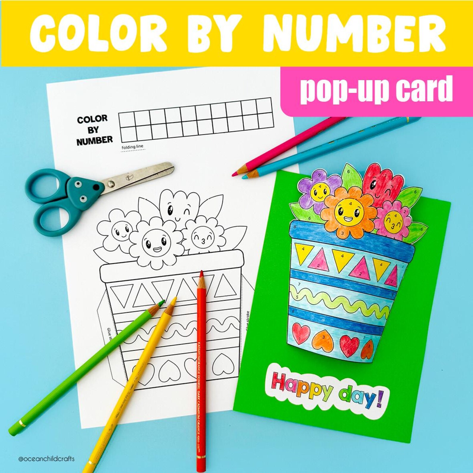Printable Color by Number Flower Craft DIY Pop up Card Spring Activity ...