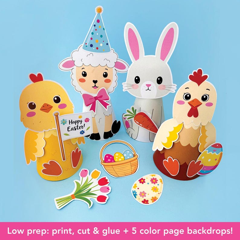 Easter Puppets Craft for Kids – Coloring Bunny, Chick, Lamb & Hen ...