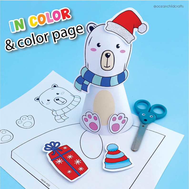 4 Paper Cone Animals Craft Printable Kids, Winter Activity Cut and Glue ...