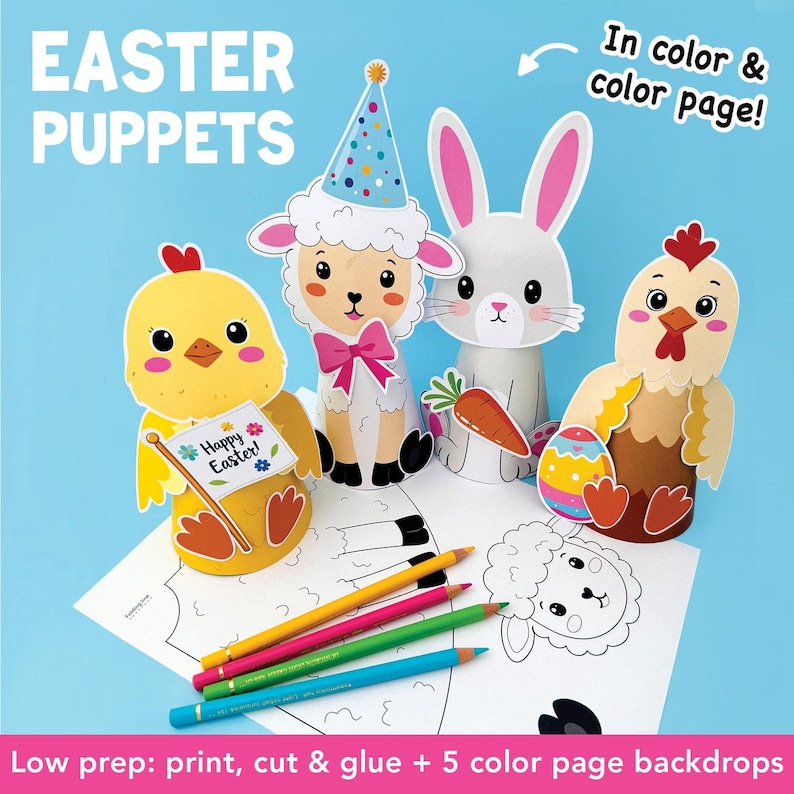 Easter Puppets Craft for Kids – Coloring Bunny, Chick, Lamb & Hen ...